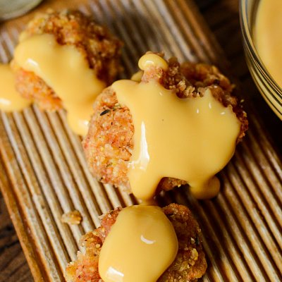 Easy Popcorn Pork Bites with Gooey Cheese Sauce