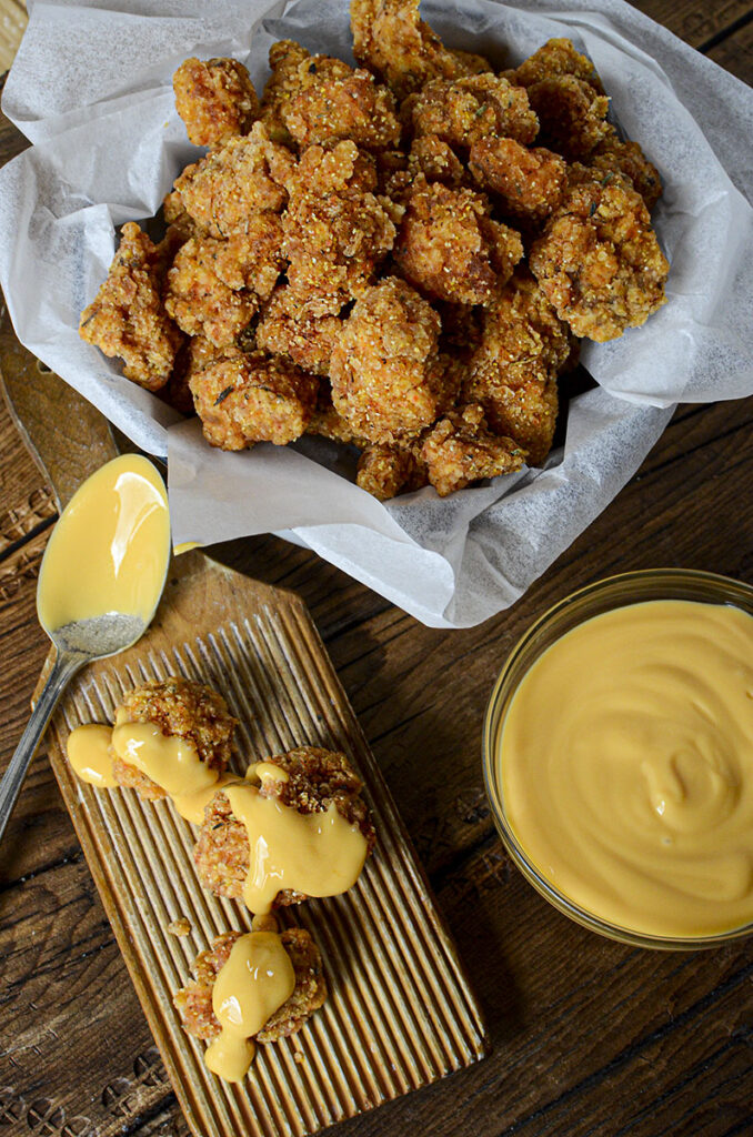 Easy Popcorn Pork Bites with Gooey Cheese Sauce